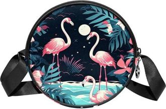 Generic Sac &agrave; bandouli&egrave;re rond pour femme, motif flamants roses, petit sac &agrave; bandouli&egrave;re avec fermeture &eacute;clair, bretelles r&eacute;glables, sac &agrave; main rond d&eacute;contrac