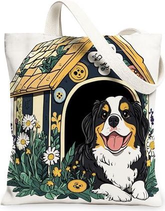 Generic Sac fourre-tout en toile motif chien du printemps Saint-Bernard 33 x 38,1 cm, niche amusante pour chiot, sac d&eacute;picerie r&eacute;utilisable, sac d&eacute;picerie pou
