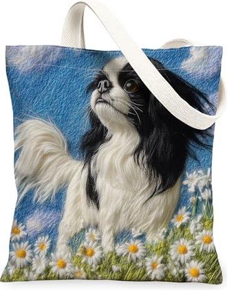 Generic Sac fourre-tout en toile motif chien japonais pour faire du shopping, 33 x 38,1 cm, style tricot&eacute;, sac d&eacute;picerie r&eacute;utilisable pour femme, animal domes