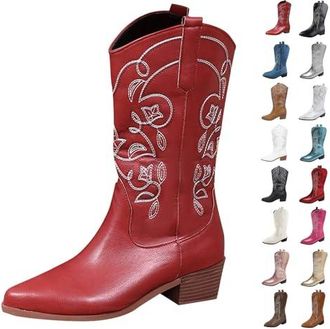 Generic Bottes de cowboy pour femme - Bottes de cowgirl à talon bloc en cuir synthétique - Taille mi-large - Pour léquitation - Chaussures de mariage occident