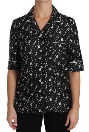 Dolce & Gabbana Guitar & Trumpet Print Silk Blouse - Black