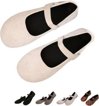 Generic Ballerines orthop&eacute;diques Mary Jane en daim pour femme, confortables &agrave; bout rond, coupe large, chaussures d&eacute;contract&eacute;es &agrave; enfiler avec sangle, blanc, 3