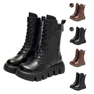 Generic Bottes mi-mollet à lacets pour femme avec fermeture éclair latérale et talon bas - Chaussures de moto à bout rond - Bottes dhiver doublées épaisses, c