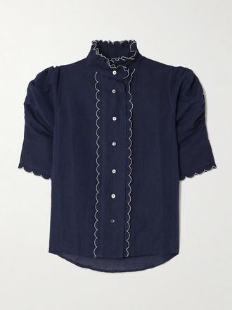 Thierry Colson Chemisier En Coton Et Lin M&eacute;lang&eacute;s &Agrave; Fronces Et &Agrave; Festons Vita - Bleu