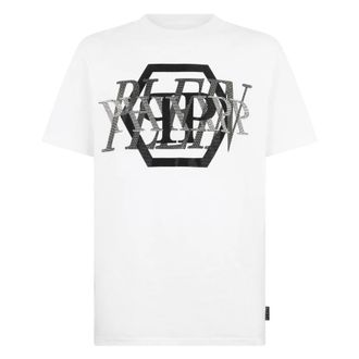 Philipp Plein Rundhals-T-Shirt Logo Steine - - Tops - Herren - Wei&szlig; - 4XL
