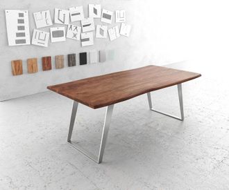 DELIFE Esstisch Edge 200x100cm Akazie Braun Edelstahl Silber schr&auml;g Live-Edge, Esstische, Baumkantenm&ouml;bel, Massivholzm&ouml;bel, Massivholz