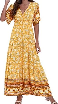 Generic Robe d&eacute;t&eacute; boh&egrave;me 2026 pour femme avec col en V et col en V, d&eacute;contract&eacute;e, l&eacute;g&egrave;re et confortable, &agrave; assortir avec des sandales, style ultime, jaune, XX