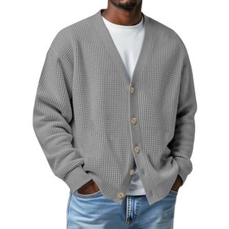Generic Cardigan en tricot gaufr&eacute; textur&eacute; &agrave; manches longues et col en V pour homme, gris, 5XL