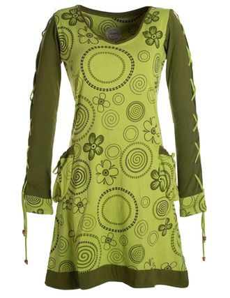 vishes Alternative Bekleidung - Langarm Damen Shirt Kleid Bl&uuml;mchenkleid Hippie Bedruckt 70er 80er hellgr&uuml;n 40-42