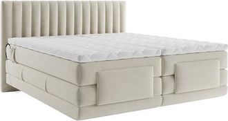 Vente-Unique Ensemble Complet boxspring t&ecirc;te de lit Coutures Verticales + sommiers Relaxation &eacute;lectrique + Matelas + surmatelas - 2 x 90 x 200 cm - Velours - Beige