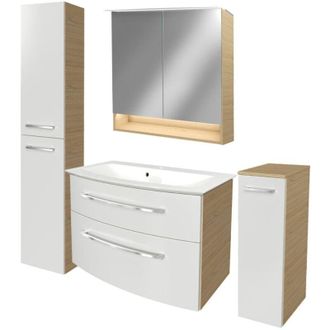 Fackelmann b.style Badm&ouml;bel Set mit Waschbecken mit Unterschrank 80 cm breit - LED-Spiegelschrank - Midischrank und Hochschrank in Wei&szlig; mit Holz