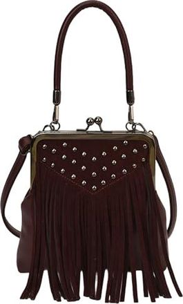Generic Sac besace &agrave; franges occidentales avec rivets en polyur&eacute;thane pour femme - Sac &agrave; bandouli&egrave;re vintage pour voyage, shopping, usage quotidien, rouge vin