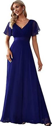Ever-pretty Robe De Soirée Style Long Manches Volantées Col en V Jupe Trapèze Robe Femme Chic Et Elegant Bleu Saphir Foncé 52
