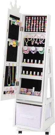 Costway Armoire à Bijoux, Miroir sur Pied avec Base Pivotante, Roulettes Universelles Verrouillables, Miroir de Maquillage avec Rangement pour Enfant