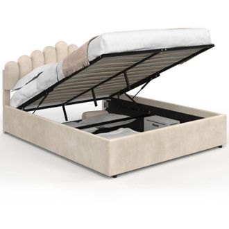 IDMarket Lit coffre double NOELIE avec t&ecirc;te de lit et sommier 140 x 190 cm velours beige