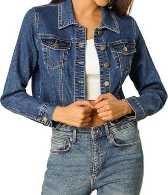 Allegra K Femmes Veste court en Jean Blouson en Denim Classique Boutonnée à Manches Longues Bleu foncé 3XL