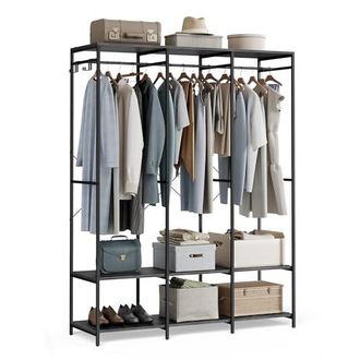 Songmics Kleiderschrank offen, Kleiderständer, Garderobenständer, Garderobe mit Kleiderstange, Ablagen, abnehmbare Haken, 40 x 141 x 180 cm, ebenholzschwarz RG