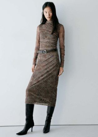 Mango Robe imprim&eacute; animal &agrave; fronces marron - Femme - XXS - MANGO