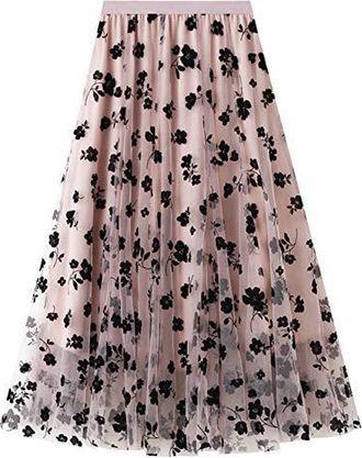 Feoya Jupe Plissée en Mousseline de Voile Jupe Femme Trapèze Mi Longue Femme pour Printemps-Eté Rose,Taille Unique