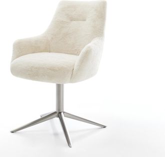 DELIFE Drehstuhl Alja-Flex mit Armlehnen Plüsch Creme-Weiß Fußkreuz Edelstahl 360° drehbar Wippfunktion Taschenfederkern, Esszimmerstühle