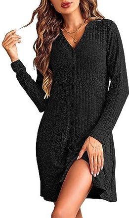 Ekouaer Chemise de Nuit Femme Manche Longue Vêtements de Nuit Bouton Robe de Nuit Femme Col en V Nuisette Longue