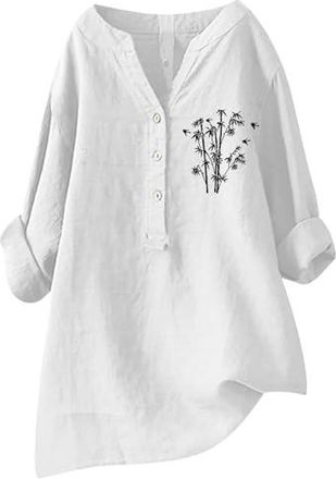Generic Haut &agrave; manches mi-longues en lin pour femme, chemises d&eacute;t&eacute; surdimensionn&eacute;es pour printemps, automne, club graphique, robes d&eacute;contract&eacute;es &agrave; porter avec