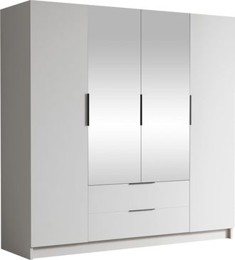 Mirjan24 Kleiderschrank mit Spiegel Sozor II 200, Schrank, Garderobe, Organizer, 4-türig, 2 Schubladen für mehr Stauraum, Aluminiumgriffe, gedämpftem Schließsy