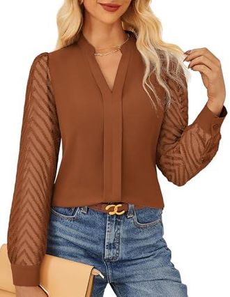 Grace Karin Chemisier &eacute;l&eacute;gant textur&eacute; &agrave; manches semi-transparentes pour femme, chemise de travail Henry classique &agrave; col en V, Marron caramel., XXL