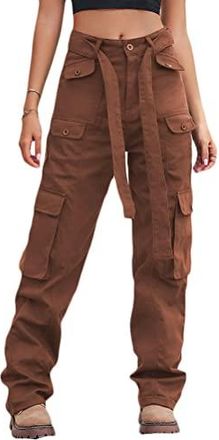 Onsoyours Pantalon Cargo pour Femmes Pantalon en Jean Militaire Pantalon de Sport Couleur Unie Pantalon de Plein air Pantalon de Travail A Marron XS