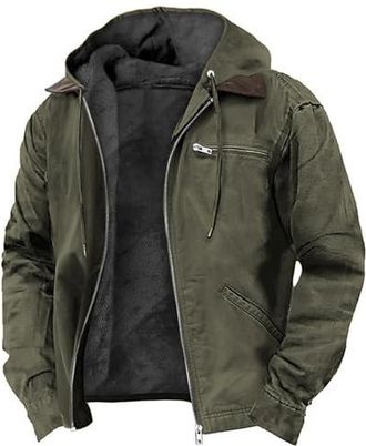 Generic Vestes &agrave; capuche en coton d&eacute;contract&eacute; pour homme avec poche zipp&eacute;e en velours, bouton en polaire &eacute;paisse et l&eacute;g&egrave;re, Vert, 3XL