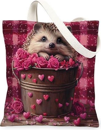 Generic Sac fourre-tout en toile motif h&eacute;risson pour faire du shopping, 33 x 38,1 cm, sac d&eacute;picerie r&eacute;utilisable pour la Saint-Valentin, sac d&eacute;picerie pour fe