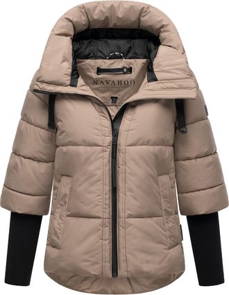 Navahoo moderne Damen Winterjacke warme Steppjacke mit Kapuze und Rippstrick&auml;rmeln Lotusherz XIV Taupe Grey Gr. XL