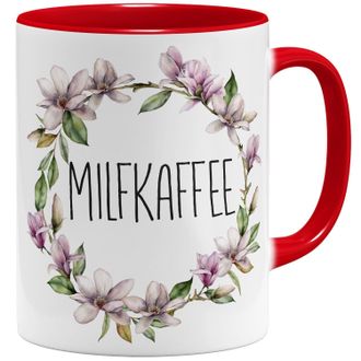 OM3 witzige Milfkaffee Milf Kaffee-Tasse mit Spruch - blumig Bl&uuml;mchen - Keramik Becher - 325ml - Beidseitig Bedruckt - Rot