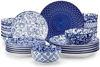 VANCASSO SELENE Service de Table 24 Pi&egrave;ces pour 6 Personne, Set Vaisselle en Porcelaine Bleu et Blanc - 6 Assiette Plates, 6 Assiette Dessert, 6 Assiettes Creu