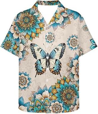 Keephen kewing Western Chemise Hawaiienne Femmes Hommes Papillon Fleuri Impression 3D Chemise &agrave; Boutons Tropical Plage Chemise pour &Eacute;t&eacute; Vacances