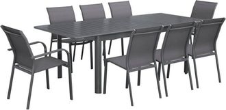 Sweeek Table de jardin extensible aluminium et textil&egrave;ne anthracite. 6 chaises. 2 fauteuils. 8 places. 236.5 x 100 x 75 cm