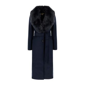 Michael Kors Femme, Manteaux, Bleu, Taille: 42 FR Manteau en laine mélangée à bordure en fausse fourrure