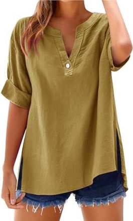 Generic Chemisier en mousseline pour femme oversize avec bords ouverts - Chemisier en lin pour femme - T-shirt d&eacute;t&eacute; d&eacute;contract&eacute; - Coupe ample - Tunique unie -