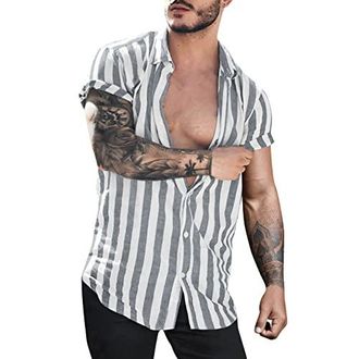 Generic Chemise en coton et lin pour homme - Haut de sport pour homme - Printemps et &eacute;t&eacute; - Chemise d&eacute;contract&eacute;e &agrave; manches courtes - Haut &agrave; rayures tendance - 