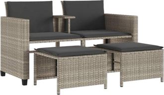vidaXL Gartensofa 2-Sitzer mit Tisch und Hockern Hellgrau Poly Rattan vidaXL