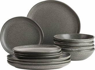 Mäser 934008 Serie Marlena, Modernes Vintage Geschirr-Set für 4 Personen, 12-teiliges Tellerset mit edel glänzender, grauer Glasur mit weißen Sprenkeln, Ste
