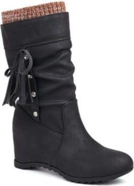 Generic Bottes Femme Mi-Mollet Souples avec Gland Et Revers en Tricot Bout Rond Talons Compensés Moyens Dessus en Cuir PU Durable À Enfiler Chaussures Automne