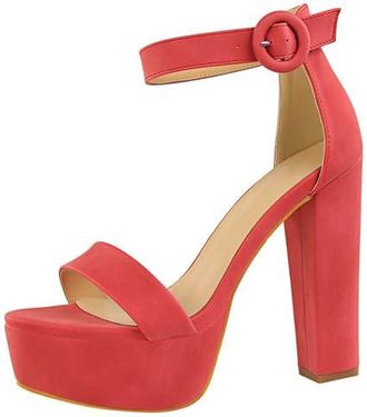 Generic Sandales &agrave; Talon &Eacute;pais avec Bride &agrave; Boucle et Plateforme Impermeable, Talon de 13,5 cm, Parfaites pour Les F&ecirc;tes d&Eacute;t&eacute; et Sorties Nocturnes,Rouge,39 EU