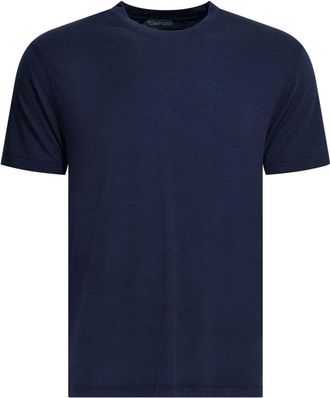 Tom Ford Homme, Tops, Bleu, Taille: XL T-Shirt Col Rond en Lyocell et Coton