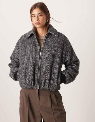 Abercrombie & Fitch Bomber en tissu aspect laine &agrave; chevrons avec ourlet boule - Gris