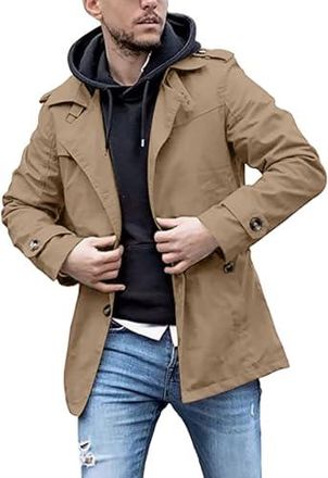 Generic 2025 Trench coat long revers couleur unie boutonnage d&eacute;contract&eacute; trench coat homme hiver long, marron, 5XL