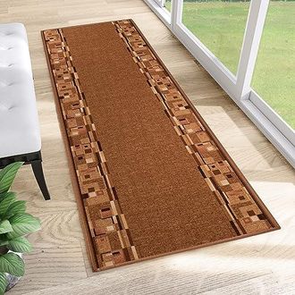 Tapiso Antid&eacute;rapant Tapis Couloir Long Tapis au M&egrave;tre Tapis de Passage Poils Ras Tapis Entr&eacute;e Cuisine &Eacute;vier Chambre Escaliers Moderne Marron Beige G&eacute;om&eacute;triqu