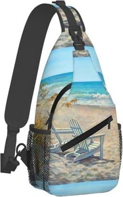 Generic Sacoche Homme Bandouliere Sc&egrave;ne de plage avec chaises Casual Sac Bandouli&egrave;re R&eacute;glable Crossbody Bag pour Voyage Cyclisme Camping