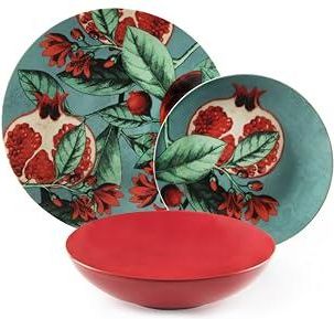 Excelsa Granada Service de vaisselle 18 pi&egrave;ces, d&eacute;coration grenade, porcelaine et pierre