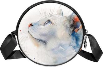 Generic Petit sac &agrave; bandouli&egrave;re rond rond pour femme, motif chat aquarelle, avec fermeture &eacute;clair, bretelles r&eacute;glables, d&eacute;contract&eacute;